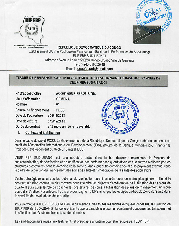 mediacongo.net - Offre d'emploi - Gestionnaire de base des données