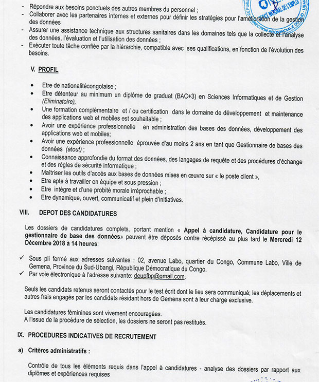 mediacongo.net - Offre d'emploi - Gestionnaire de base des données