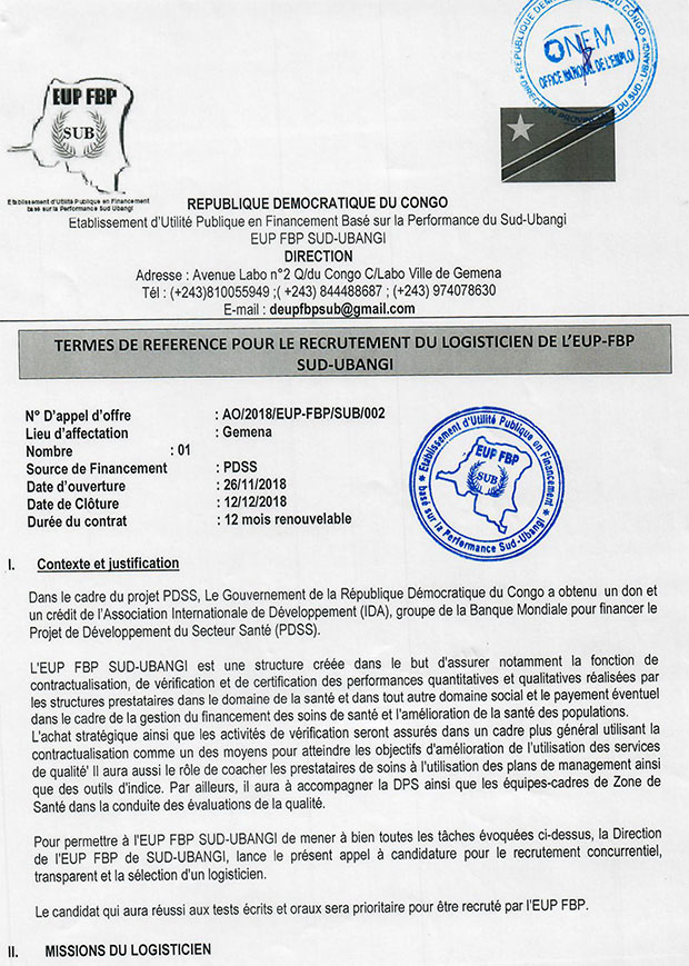 mediacongo.net - Offre d'emploi - Logisticien