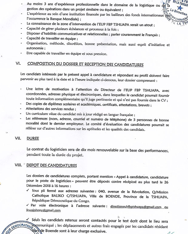 mediacongo.net - Offre d'emploi - Logisticien