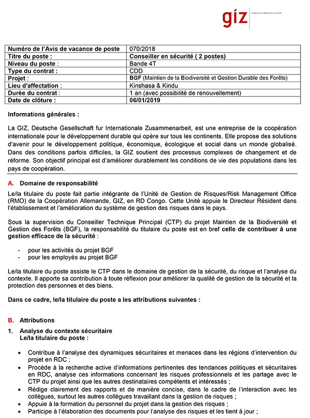 mediacongo.net - Offre d'emploi - Conseiller en sécurité mediacongo.net - Offre d'emploi - Conseiller en sécurité