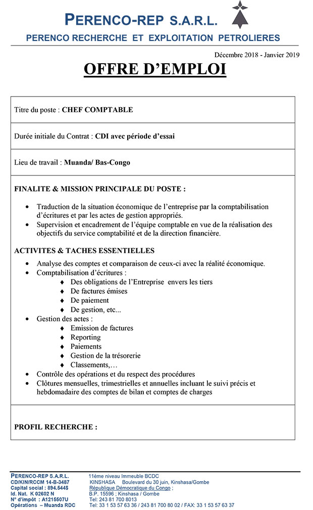 mediacongo.net - Offre d'emploi - Chef Comptable