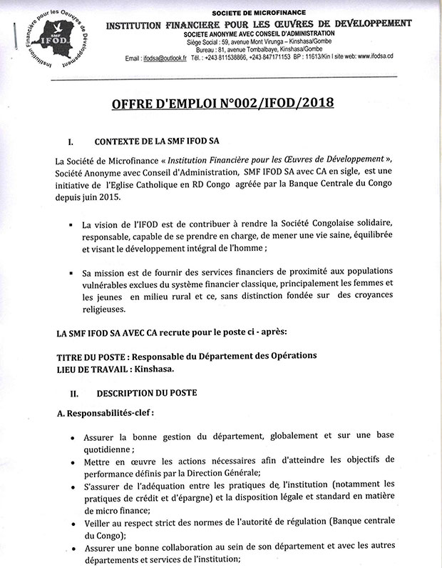 mediacongo.net - Offre d'emploi - Responsable du Département des Opérations