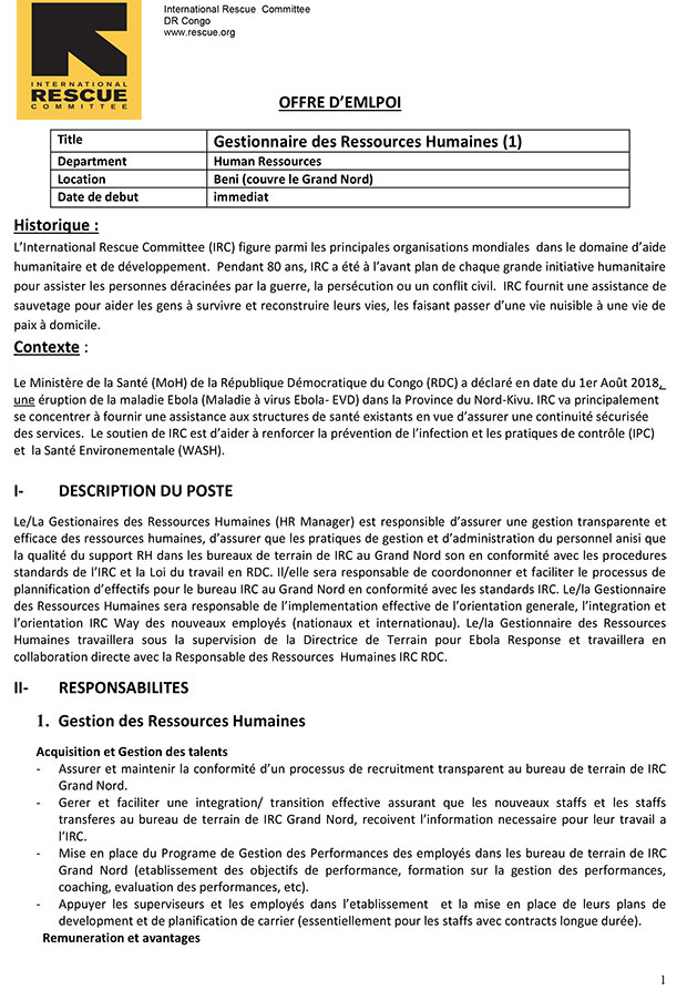 mediacongo.net - Offre d'emploi - Gestionnaire des Ressources Humaines