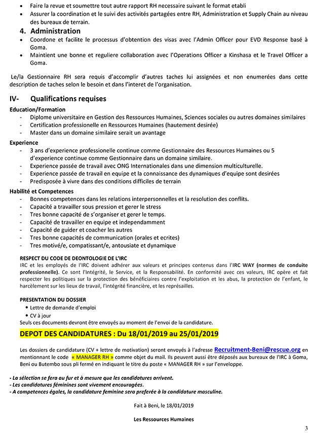 mediacongo.net - Offre d'emploi - Gestionnaire des Ressources Humaines