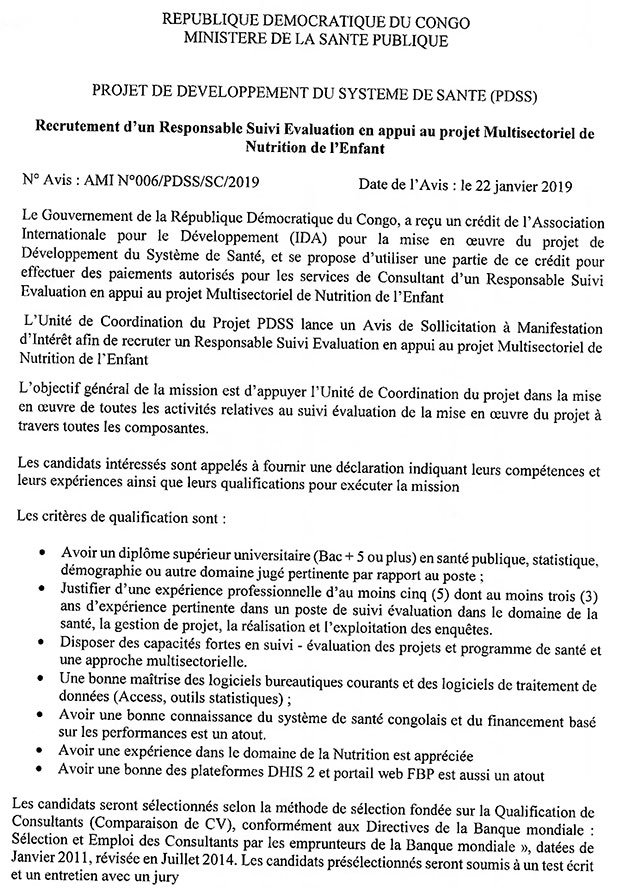 mediacongo.net - Offre d'emploi - Responsable Suivi Evaluation en appui en appui au Projet ...