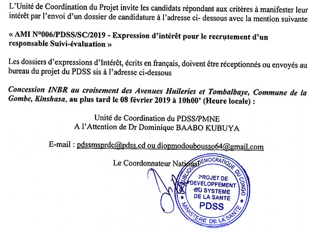 mediacongo.net - Offre d'emploi - Responsable Suivi Evaluation en appui en appui au Projet ...