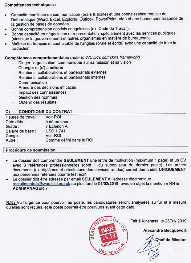 mediacongo.net - Offre d'emploi - Human Ressources and Administration Manager