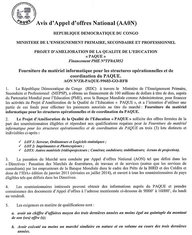 mediacongo.net - Offre d'emploi - Fourniture du matériel informatique pour les structures ...