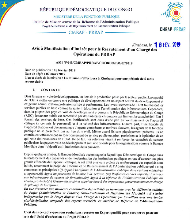 mediacongo.net - Offre d'emploi - Chargé des Opérations