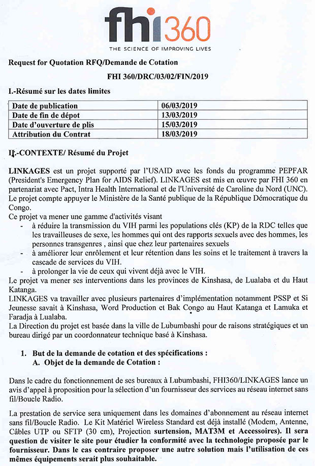 mediacongo.net - Offre d'emploi - Request for Quotation / Demande de ...