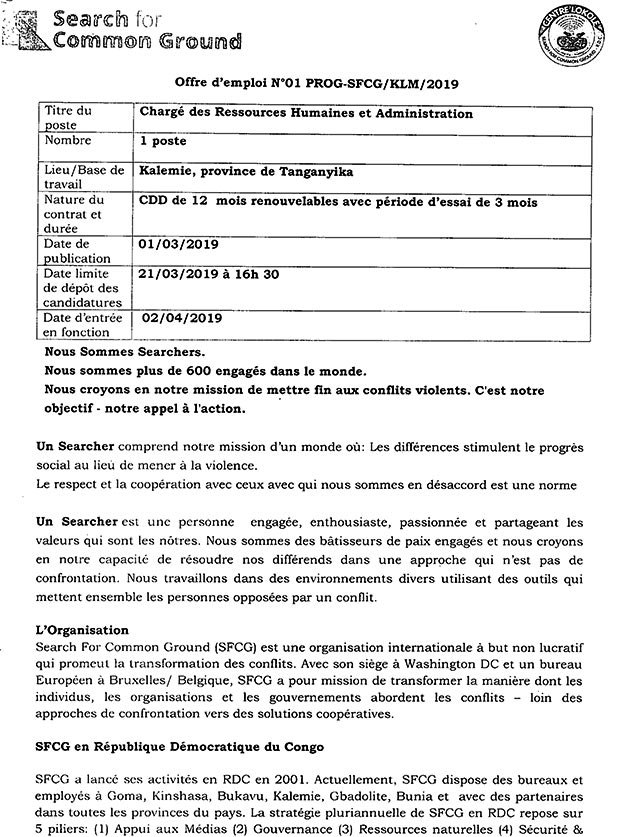 mediacongo.net - Offre d'emploi - Chargé des Ressources Humaines et ...