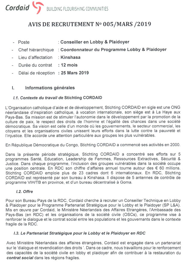 mediacongo.net - Offre d'emploi - Conseiller en Lobby & Plaidoyer mediacongo.net - Offre d'emploi - Conseiller en Lobby & Plaidoyer