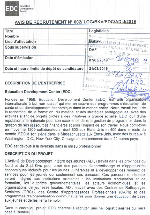mediacongo.net - Offre d'emploi - Logisticien