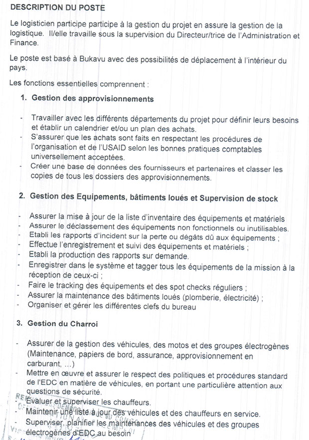 mediacongo.net - Offre d'emploi - Logisticien