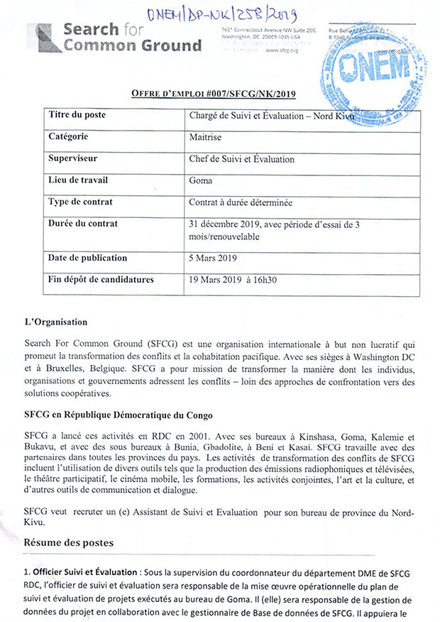 mediacongo.net - Offre d'emploi - Chargé de Suivi et Evaluation