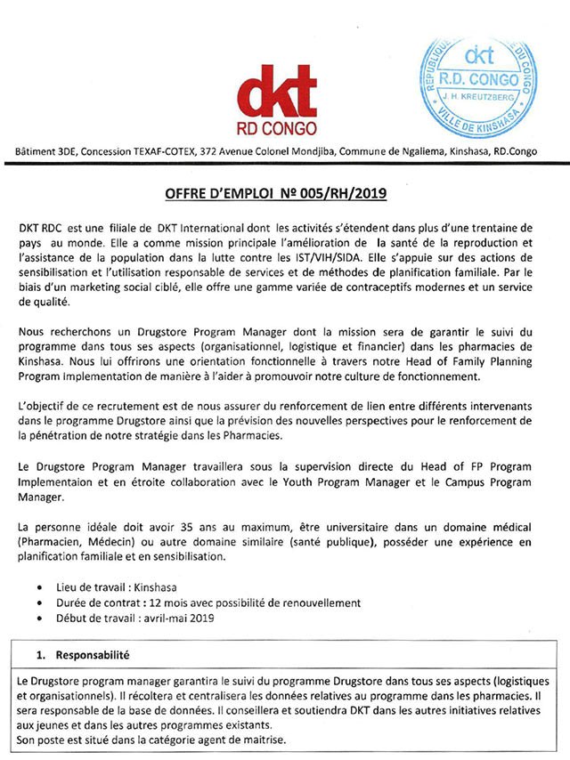 mediacongo.net - Offre d'emploi - Drugstore Program Manager