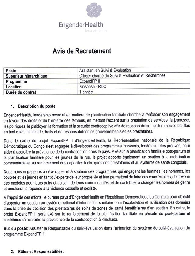 mediacongo.net - Offre d'emploi - Assistant en Suivi & Evaluation