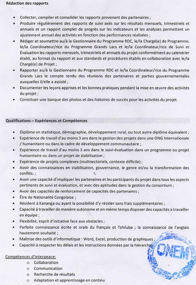 mediacongo.net - Offre d'emploi - Chargé de Suivi, Evaluation et Communication