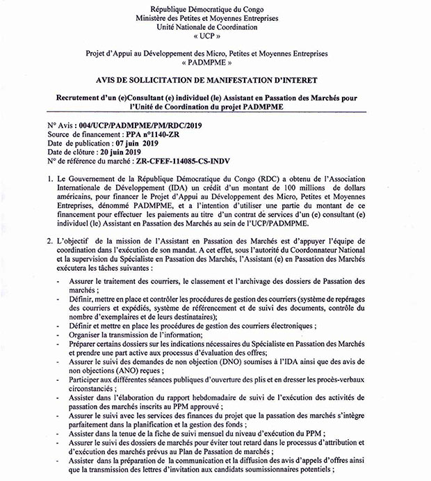 mediacongo.net - Offre d'emploi - Consultant(e) individuel(le) Assistant en Passation des Marchés
