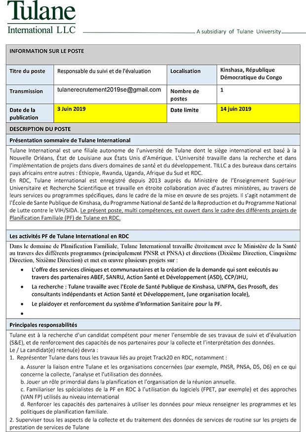 mediacongo.net - Offre d'emploi - Responsable du suivi et de l'évaluation