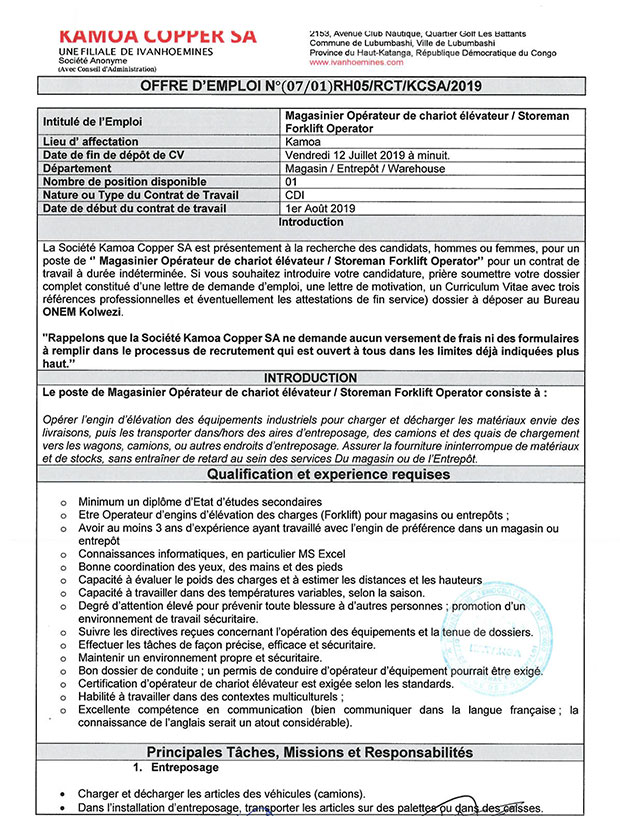 mediacongo.net - Offre d'emploi - Magasinier Opérateur de chariot élévateur (Storeman Forklift ...