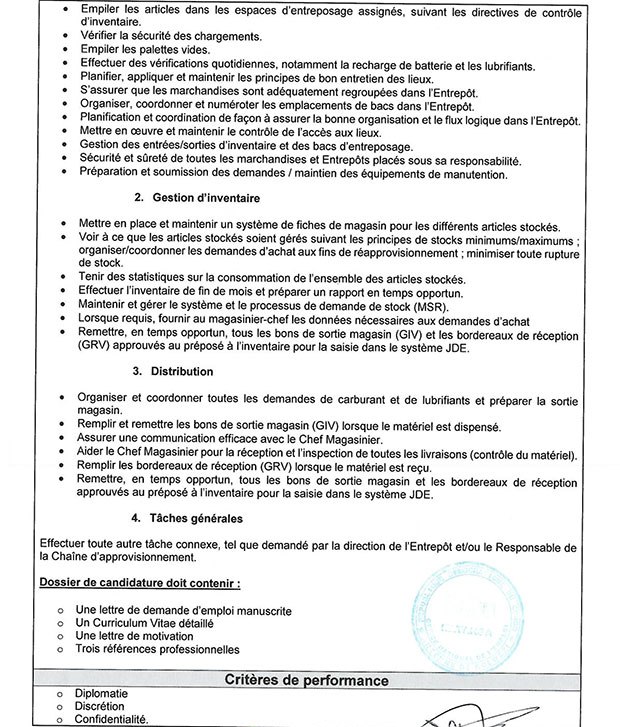 mediacongo.net - Offre d'emploi - Magasinier Opérateur de chariot élévateur (Storeman Forklift ...