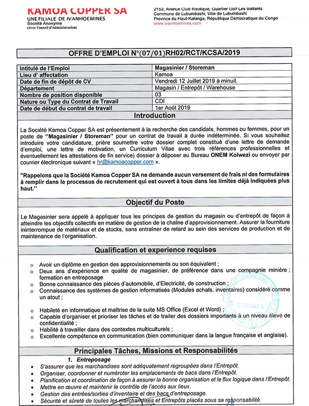 mediacongo.net - Offre d'emploi - Magasinier (Storeman)