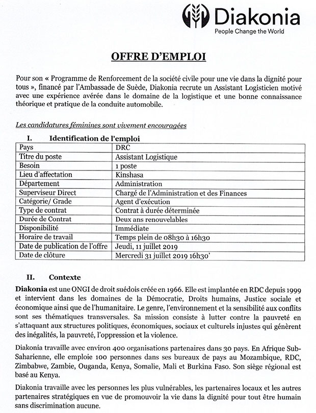 mediacongo.net - Offre d'emploi - Assistant Logistique