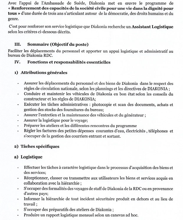 mediacongo.net - Offre d'emploi - Assistant Logistique