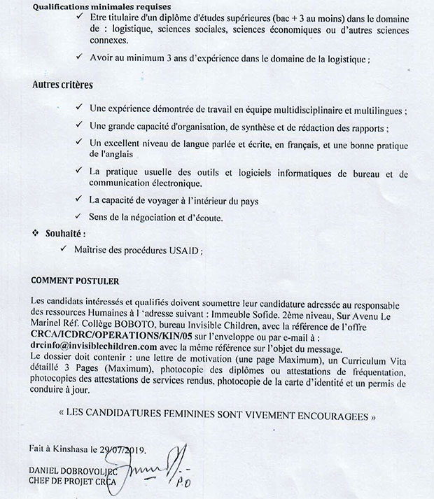 mediacongo.net - Offre d'emploi - Assistant logistique