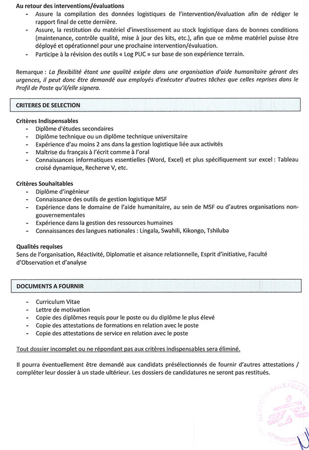 mediacongo.net - Offre d'emploi - 3 Responsables Logistique