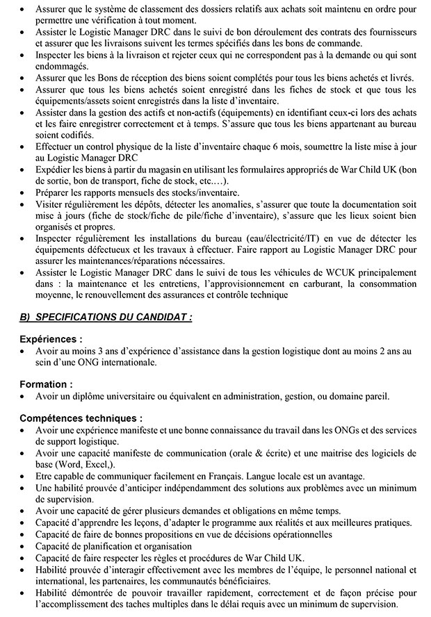 mediacongo.net - Offre d'emploi - Assistant(e) Logisticien(ne)