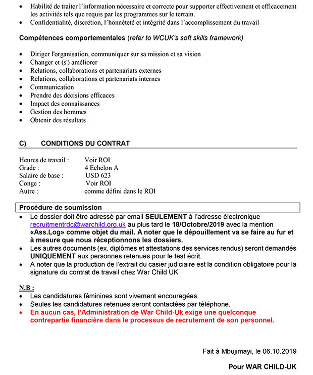 mediacongo.net - Offre d'emploi - Assistant(e) Logisticien(ne)