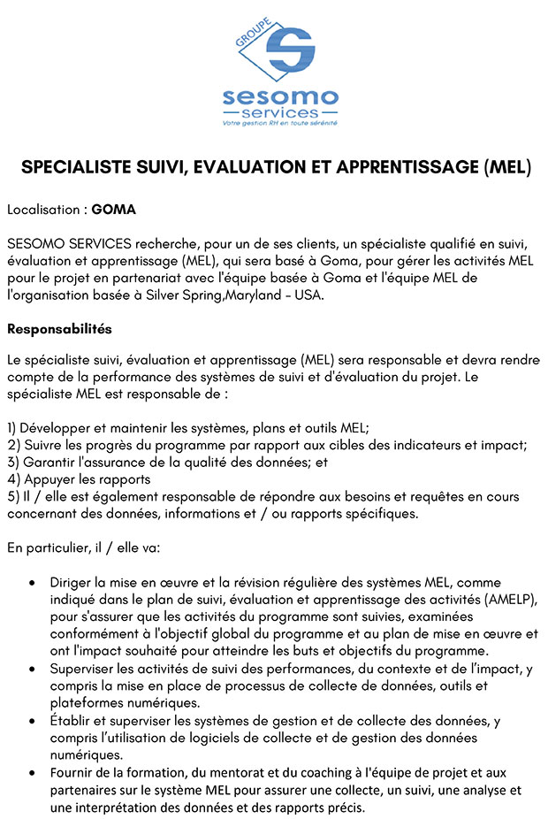 mediacongo.net - Offre d'emploi - Spécialiste suivi, Evaluation et ...