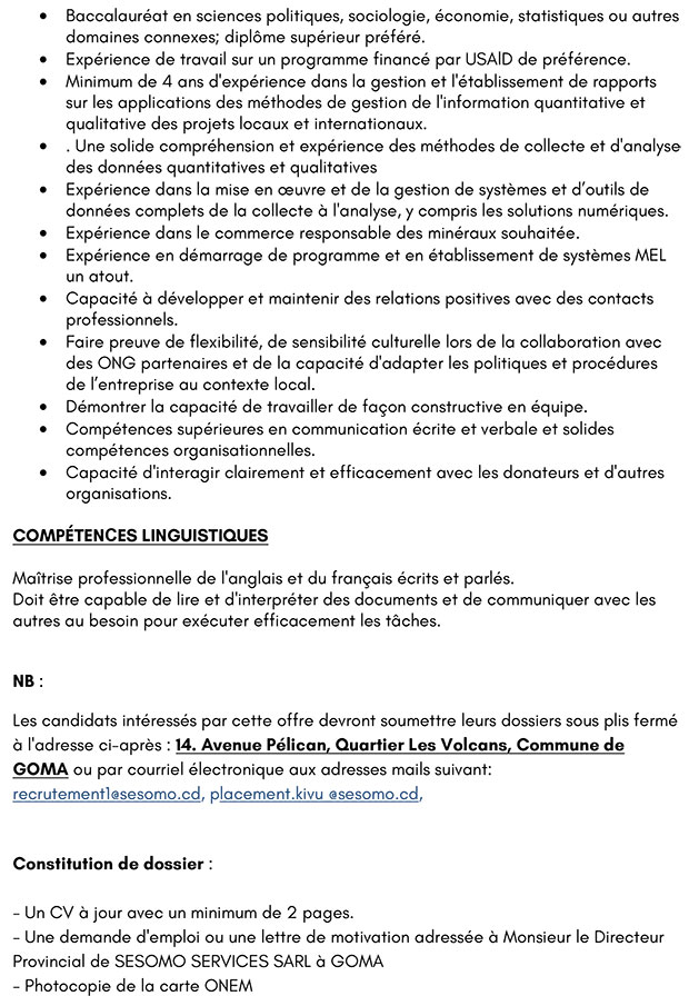 mediacongo.net - Offre d'emploi - Spécialiste suivi, Evaluation et ...