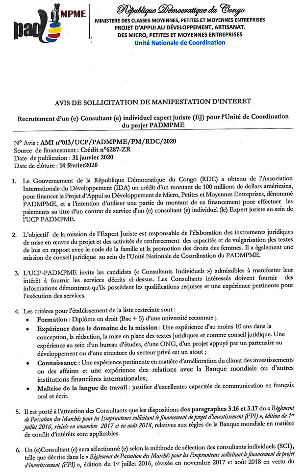 mediacongo.net - Offre d'emploi - Consultant (e) individuel expert juriste