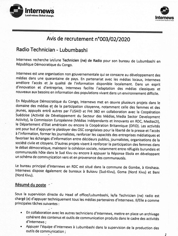 mediacongo.net - Offre d'emploi - Radio Technician