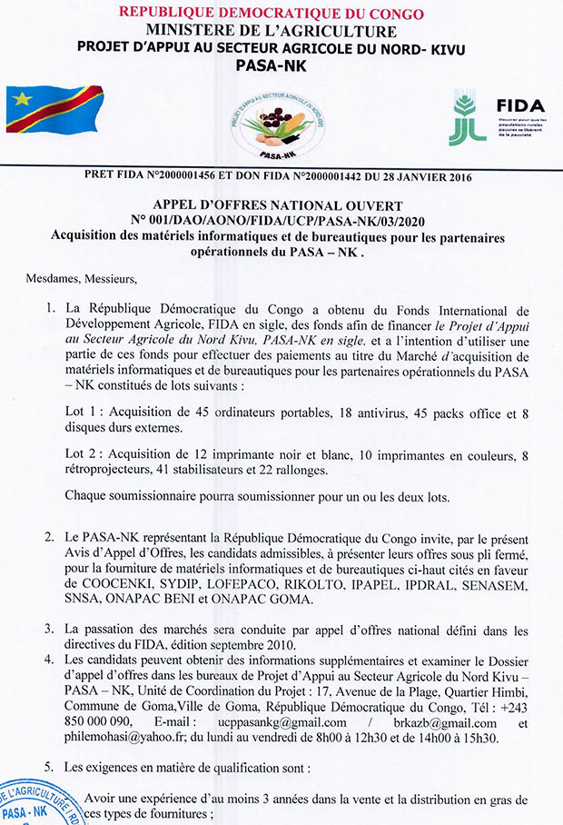 mediacongo.net - Offre d'emploi - Acquisition des matériels informatiques et de bureautiques ...