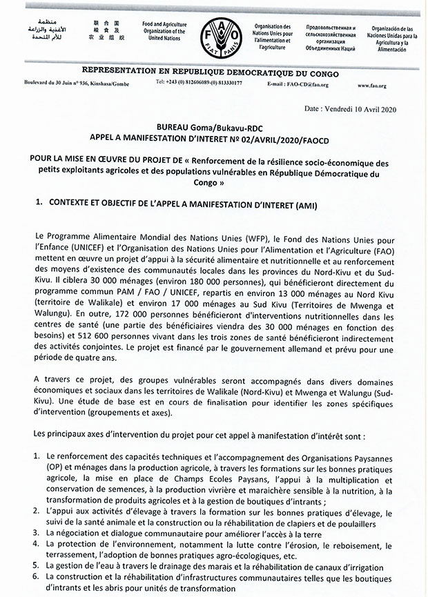 mediacongo.net - Offre d'emploi - Mise en œuvre du projet de « Renforcement de la résilience ...