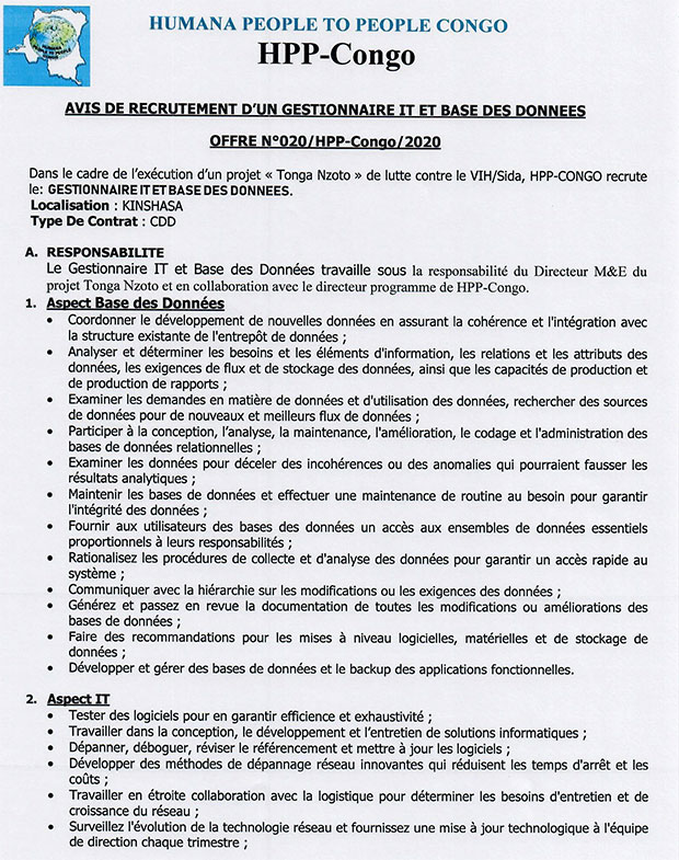 mediacongo.net - Offre d'emploi - Gestionnaire IT et Base des données