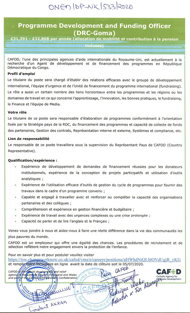 mediacongo.net - Offre d'emploi - Programme Development and Funding Officer