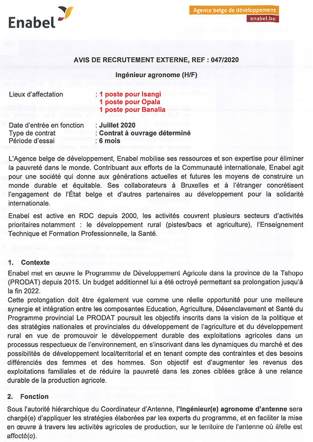 mediacongo.net - Offre d'emploi - Ingénieur Agronome