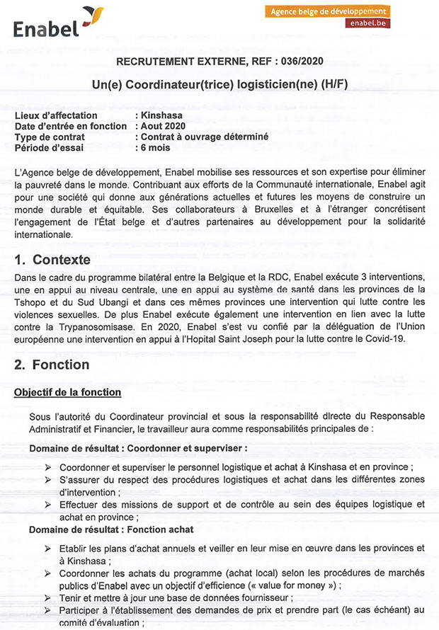 mediacongo.net - Offre d'emploi - Coordinateur(trice) logisticien(ne)