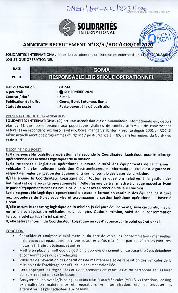 mediacongo.net - Offre d'emploi - Responsable logistique opérationnel