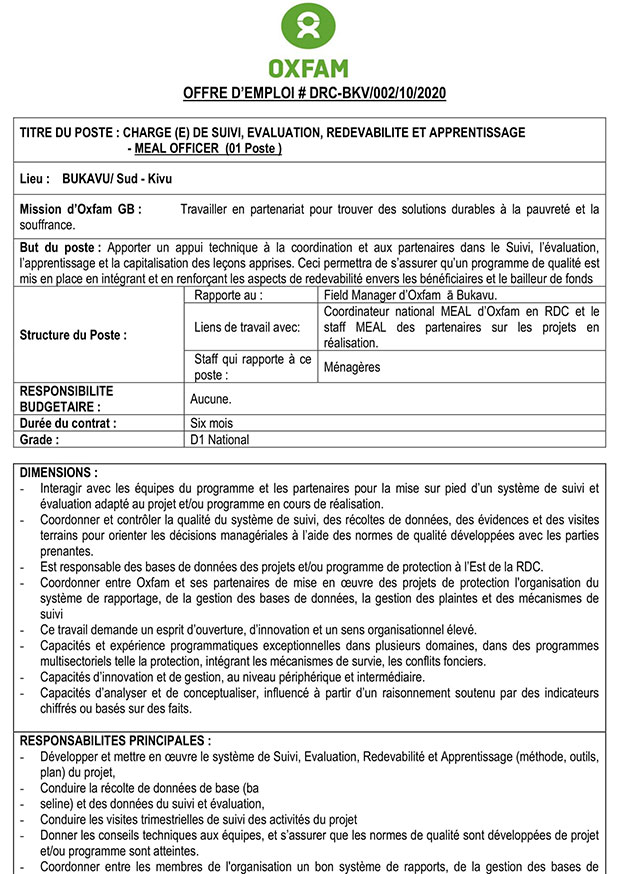 mediacongo.net - Offre d'emploi - Chargé(e) de Suivi, Evaluation, Redevabilité et Apprentissage ...