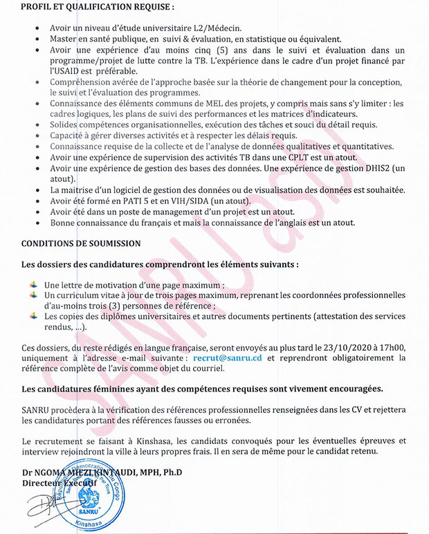 mediacongo.net - Offre d'emploi - Monitoring & Evaluation Officer