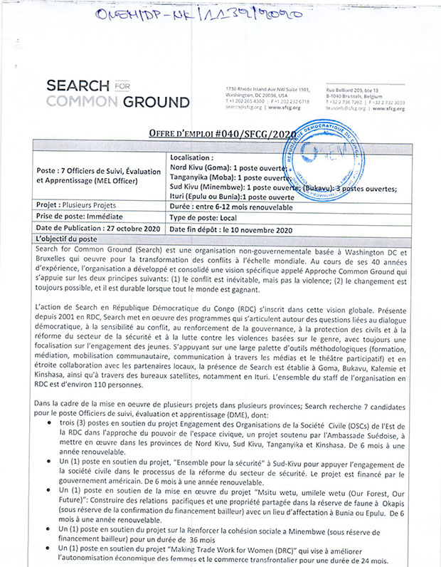 mediacongo.net - Offre d'emploi - Officiers de Suivi, Evaluation et ...