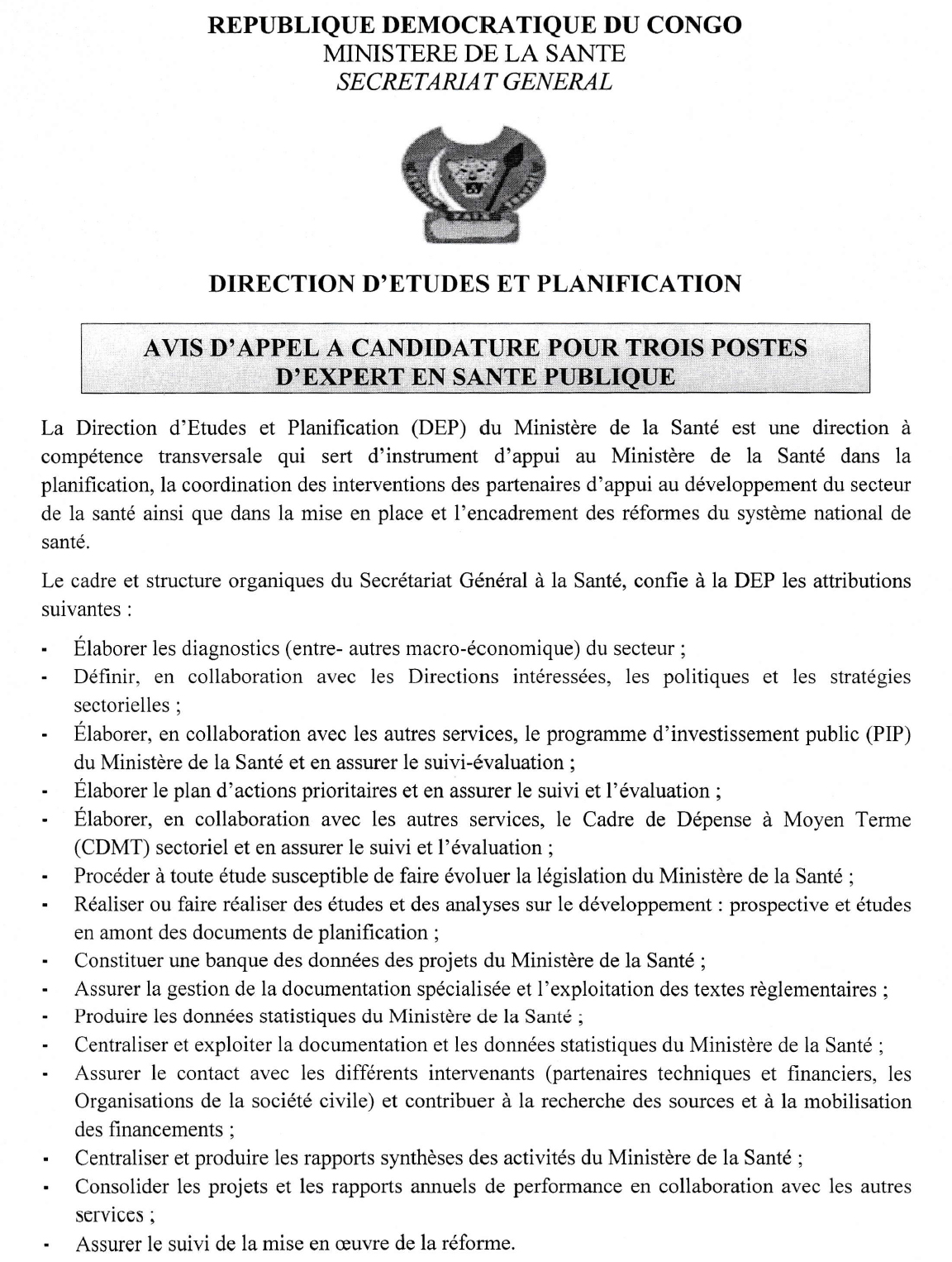 mediacongo.net - Offre d'emploi - Expert en Santé Publique