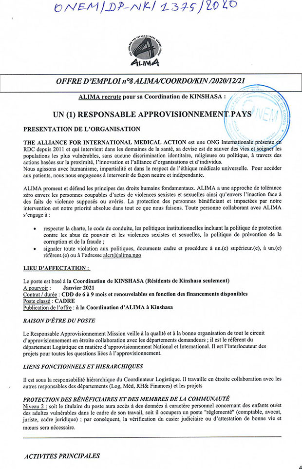 mediacongo.net - Offre d'emploi - Responsable approvisionnement pays